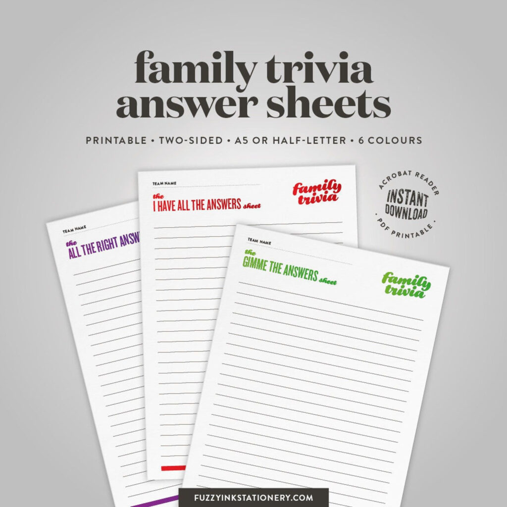 Family Trivia Answers Sheet Printable For Family Reunion Party Games ...