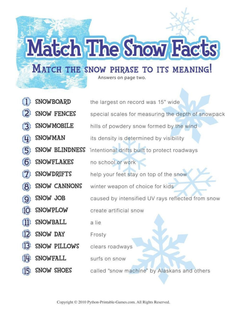 Free Printable Winter Game Match The Snow Facts Download Snow Facts ...
