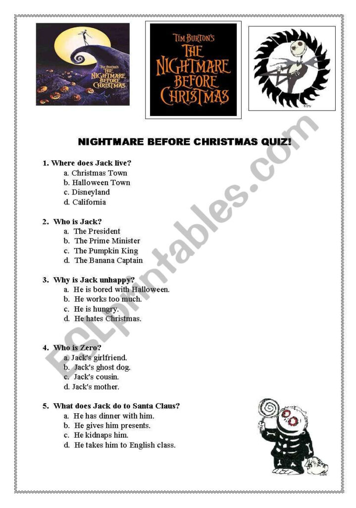 Nightmare Before Christmas FUN Movie Quiz Multiple Choice EASY ESL ...