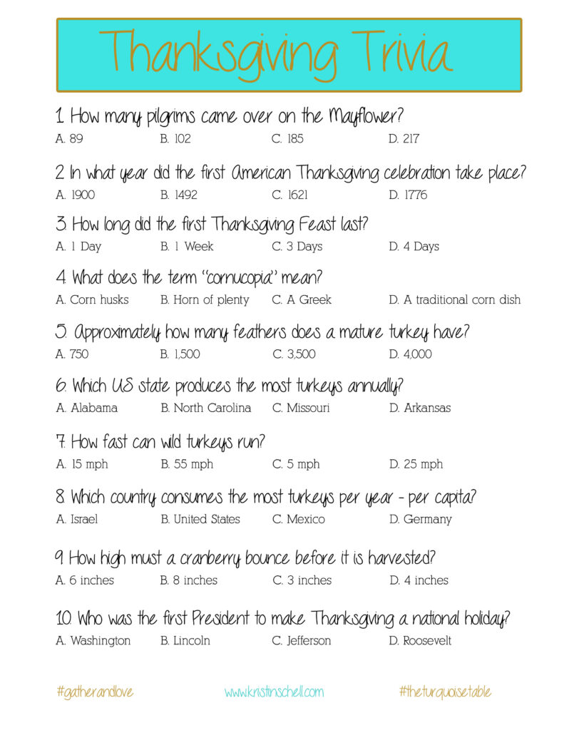 Thanksgiving Trivia A Printable For Your Gathering The Turquoise Table ...